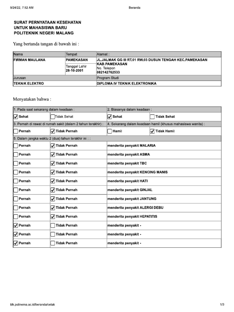 Surat Pernyataan Kesehatan (LDK) | PDF