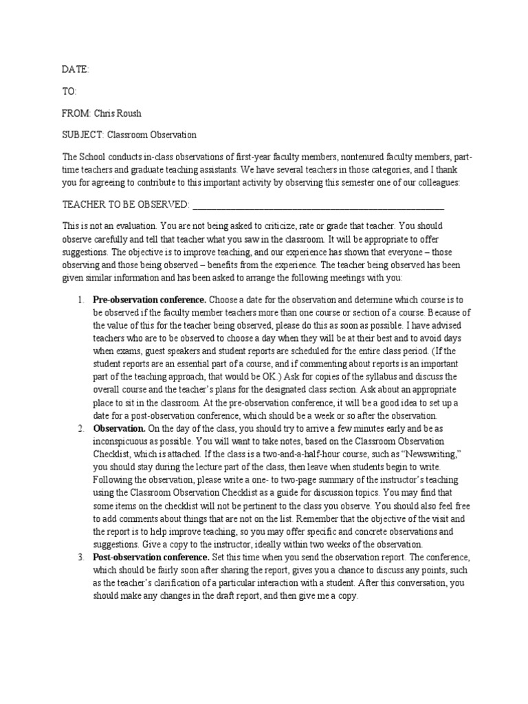 Classroom Observation Memo | PDF | Teachers | Classroom