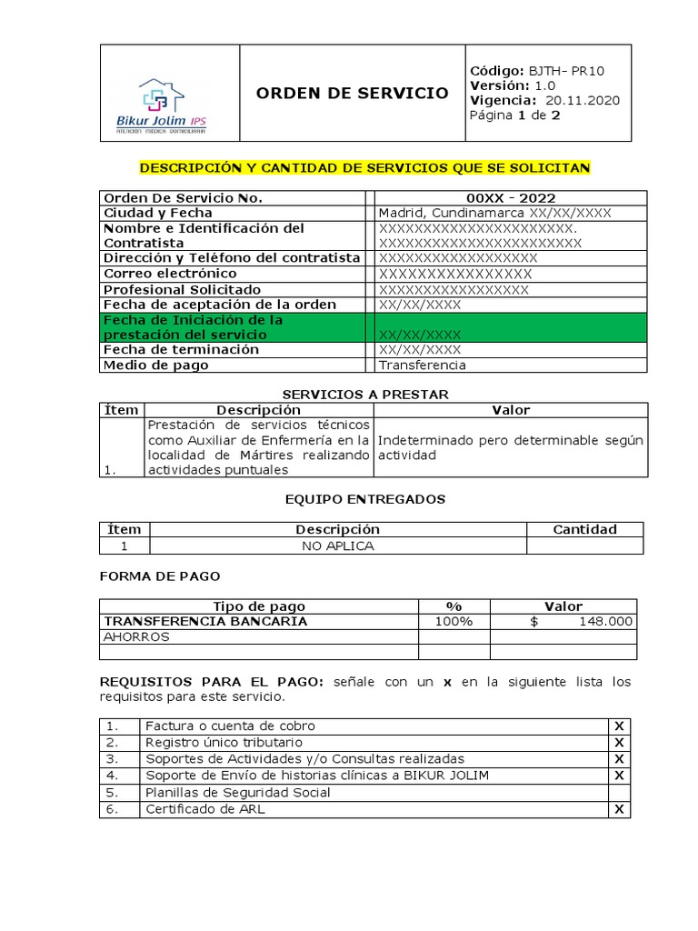 Formato Orden de Servicios | PDF | Industrias de servicio