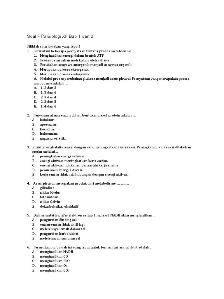 Soal PTS Biologi XII Bab 1 Dan 2 Siap Untuk Siswa | PDF