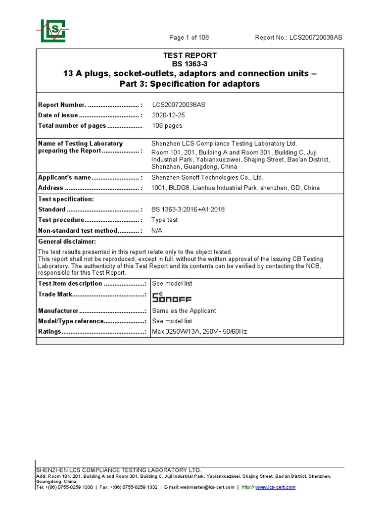 11sonoff s26r2zbtpg Ce LVD Safety Test Report | PDF
