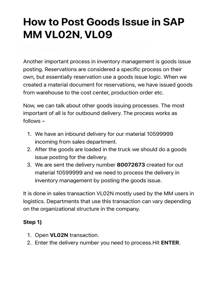 Post Goods Issue in SAP MM VL02N VL09 1668043431 | PDF | Logistics ...