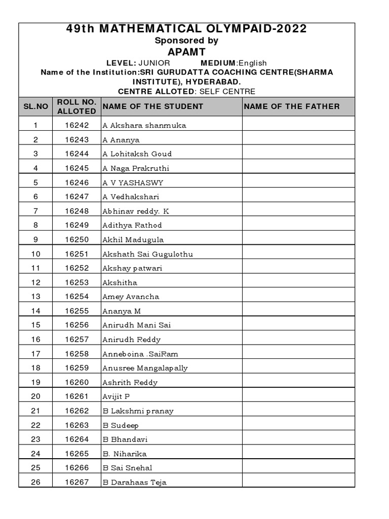 APAMT VIII Class Students List - 2022 | PDF