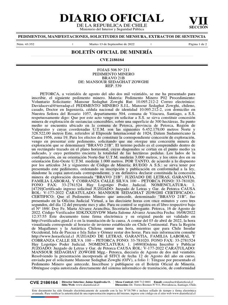 Solicitud de concesión minera de exploración denominada 'BRAVO 21B' en la comuna de Petorca ...