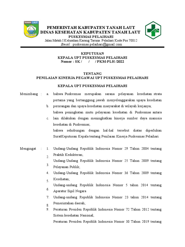 1.3.2.2 SK PENILAIAN KINERJA PEGAWAI PKM PLH 2022 Fix | PDF