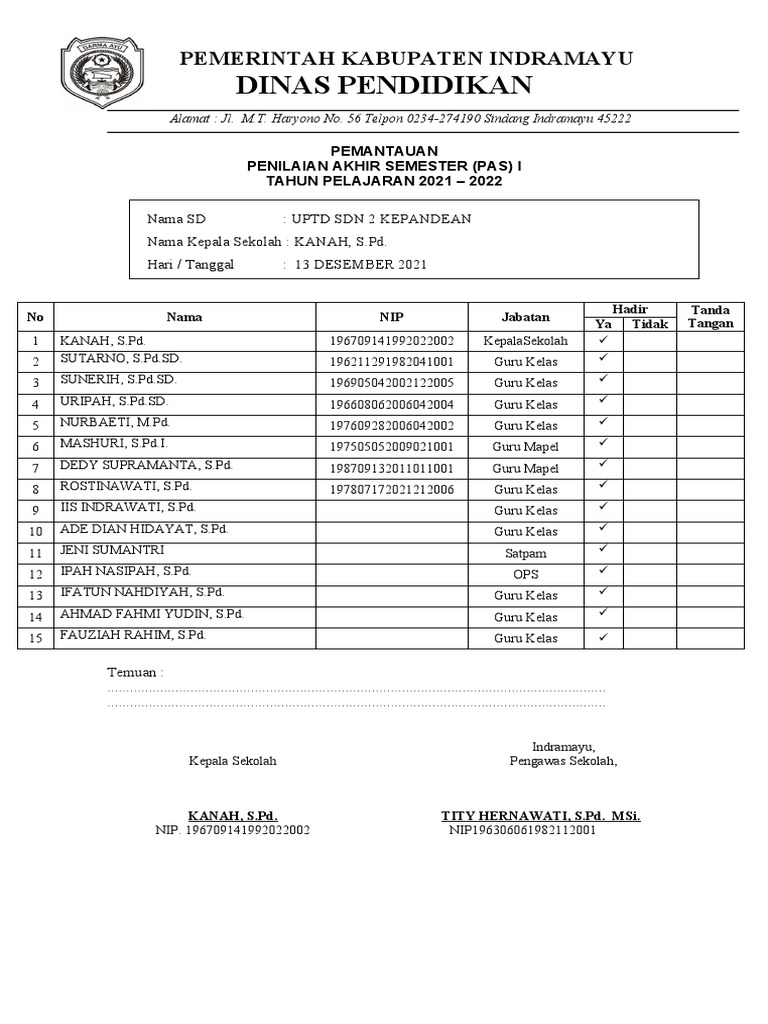 Format Sidak Hari Pertama Masuk Sekolah | PDF