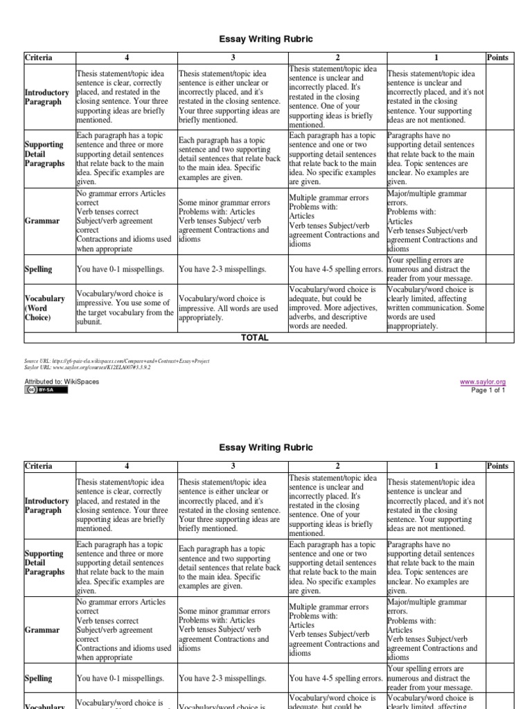 Rubric For Essay | PDF | Subject (Grammar) | Verb