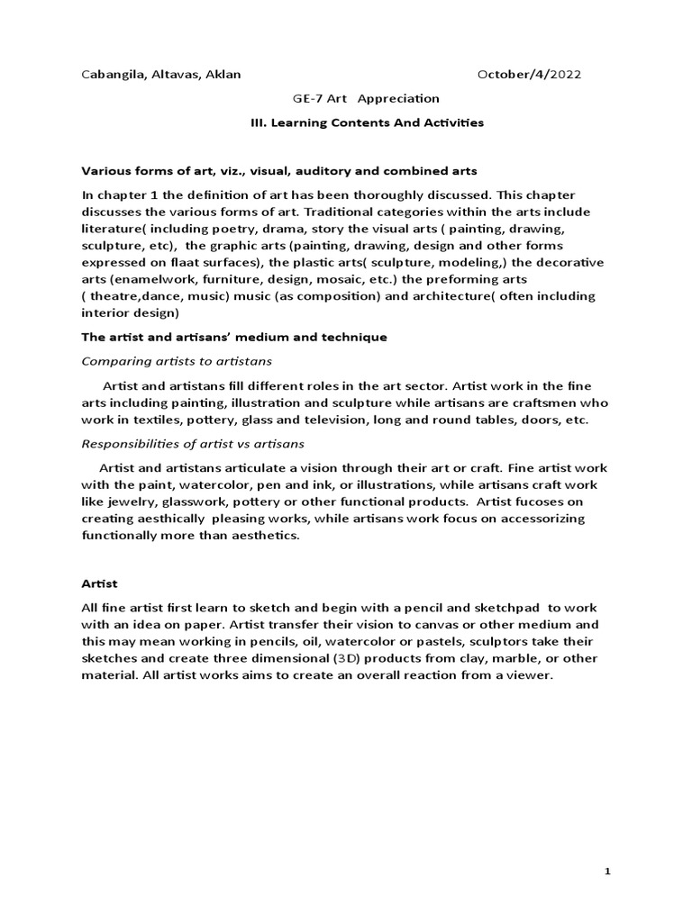 III. Learning Contents and Activities Various Forms of Art, Viz ...