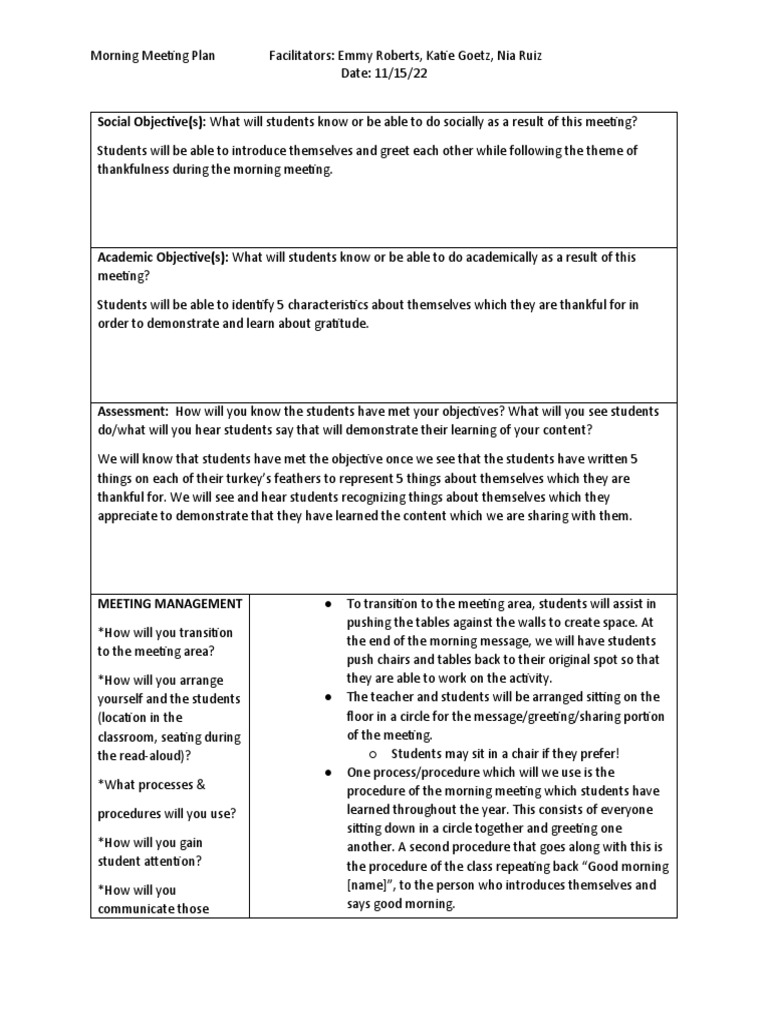 Morning Meeting Lesson Plan Template | PDF | Cognition | Learning