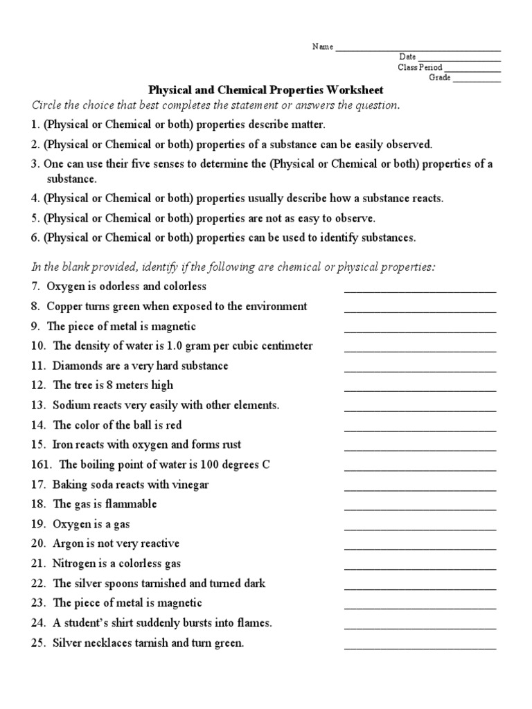 Physical and Chemical Properties-Worksheet | PDF