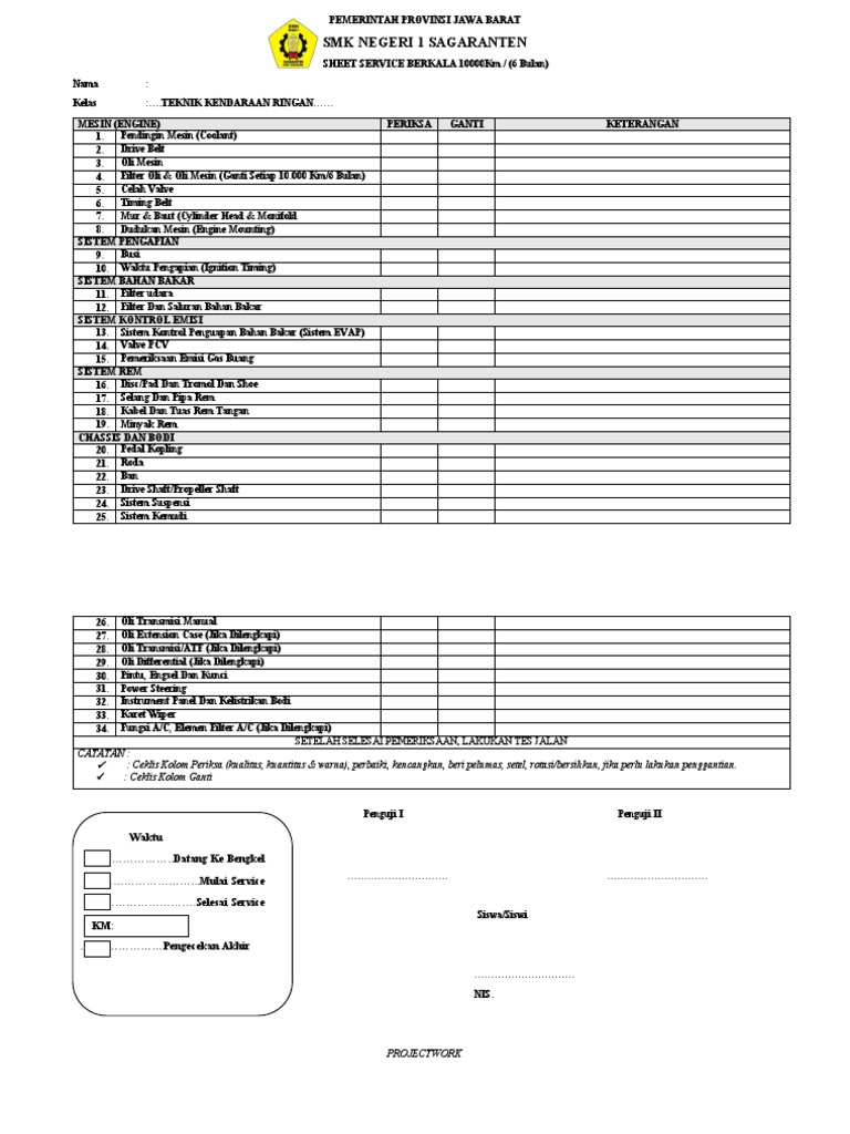 Job Sheet Servis Berkala 10.000 Km | PDF