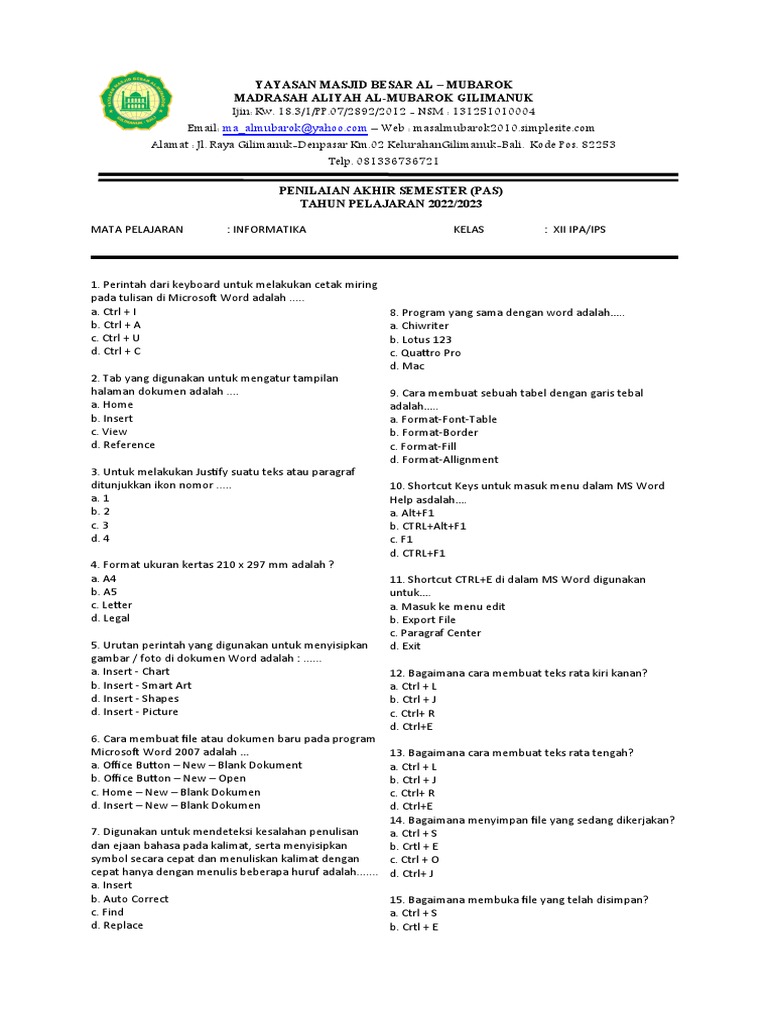 Soal Informatika Kelas Xii Semester 1 | PDF