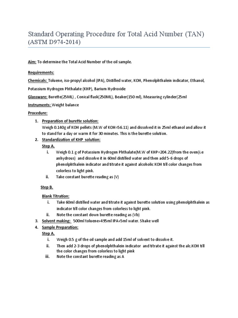 SOP of Total Acid Number | PDF | Titration | Chemistry