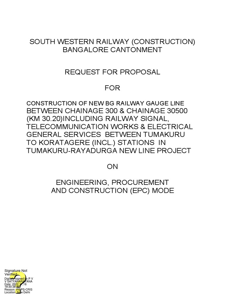 Tumakuru-Rayadurga Railway Line RFP | PDF | Request For Proposal ...