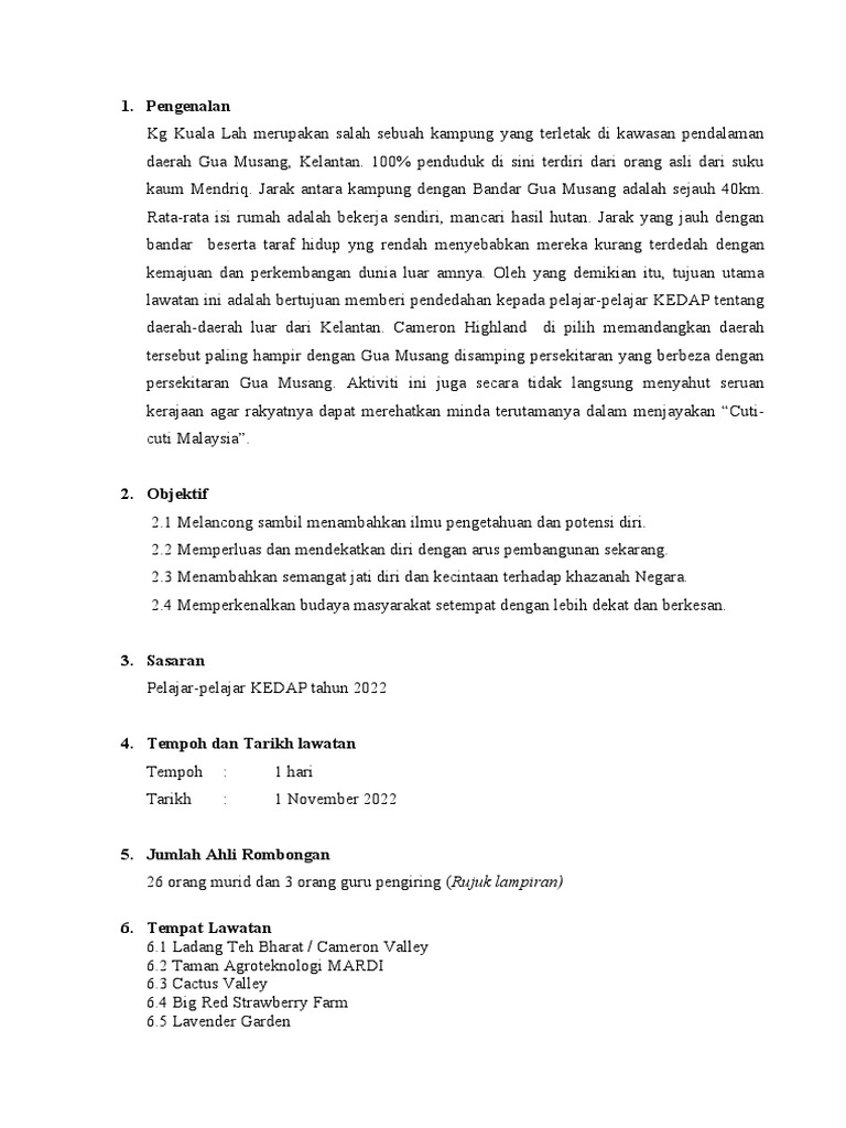 KERTAS KERJA LAWATAN Ke Cameron Highlands 2022 | PDF