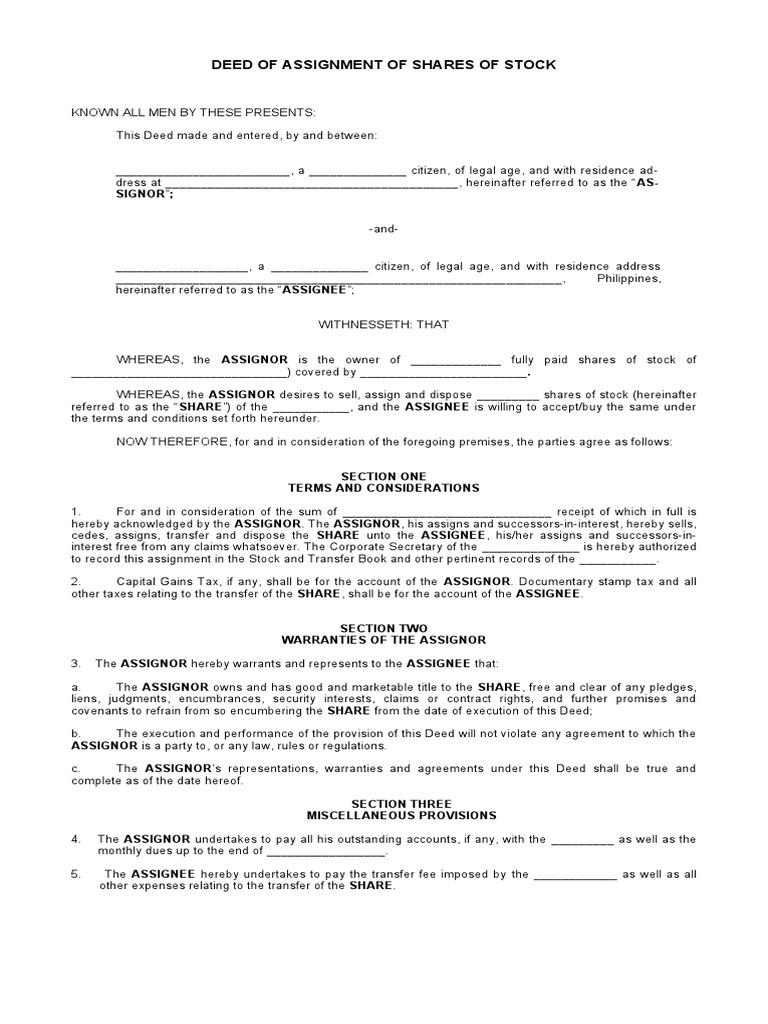 Deed of Assignment of Shares of Stock | PDF | Assignment (Law) | Deed
