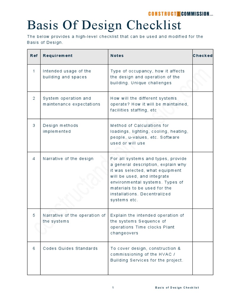 Basis of Design Checklist Guide | PDF | Sustainable Energy | Energy ...