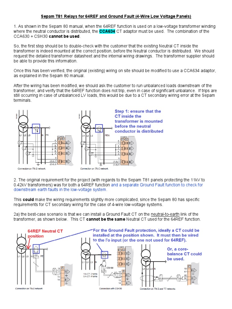 Sepam80 64REF Wiring 4wire Low-Voltage Transformer T81 v0 | PDF | Transformer | Electrical Wiring