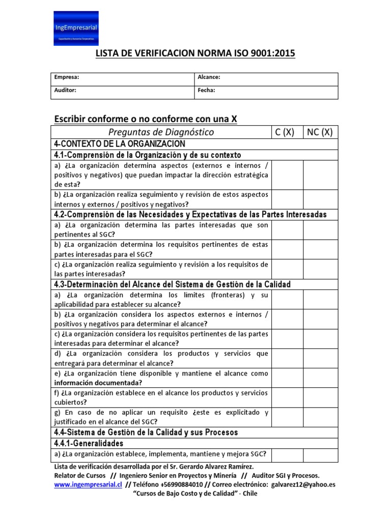Lista Verificacion Iso 9001 2015 SST Hse | PDF | Calidad (comercial ...