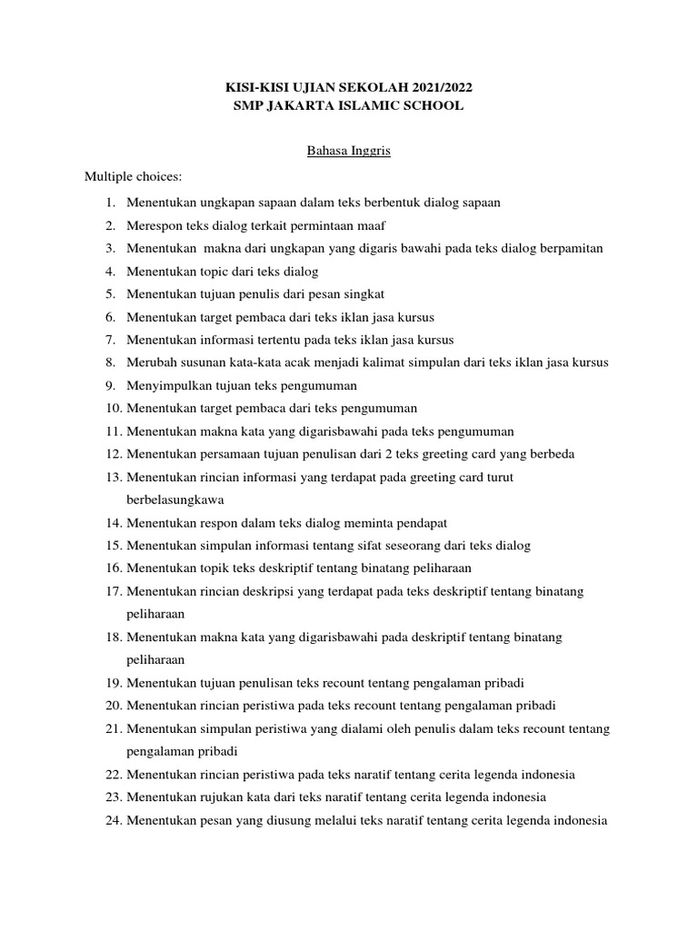 Kisi-Kisi Us Bahasa Inggris Jisc 2021 | PDF