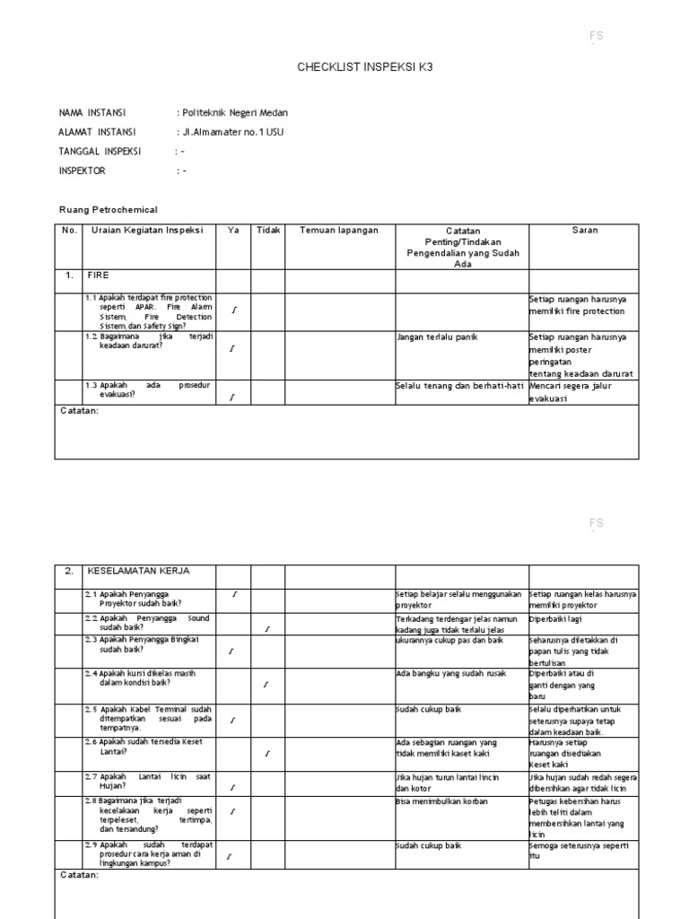 Bagi Contoh Form Inspeksi Keselamatan K3 | PDF