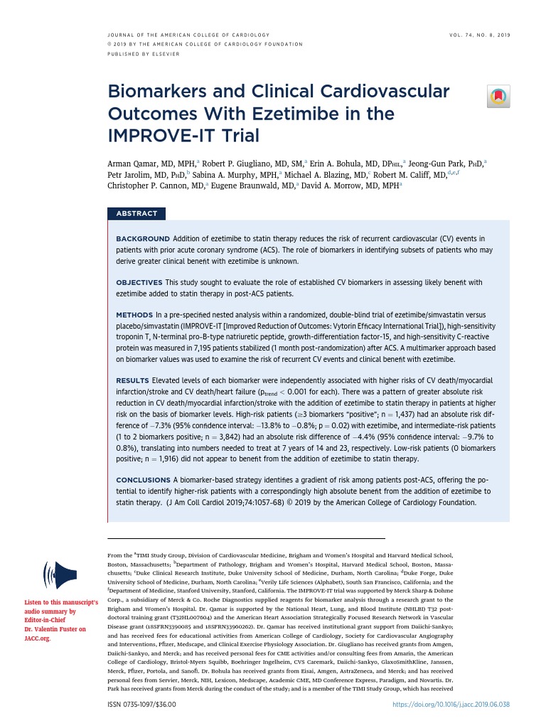 Biomarkers and Clinical Cardiovascular Outcomes With Ezetimibe in The Improve-It Trial | PDF ...