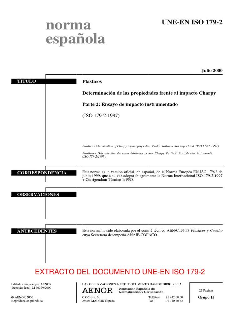 Norma UNE-EN ISO 179-2: Impacto Charpy | PDF