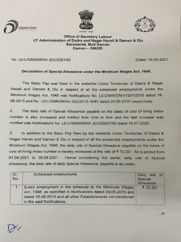Dadra and Nagar Haveli Minimum Wage Notification 1st April 2021 | PDF | Cost Of Living | Labour Law