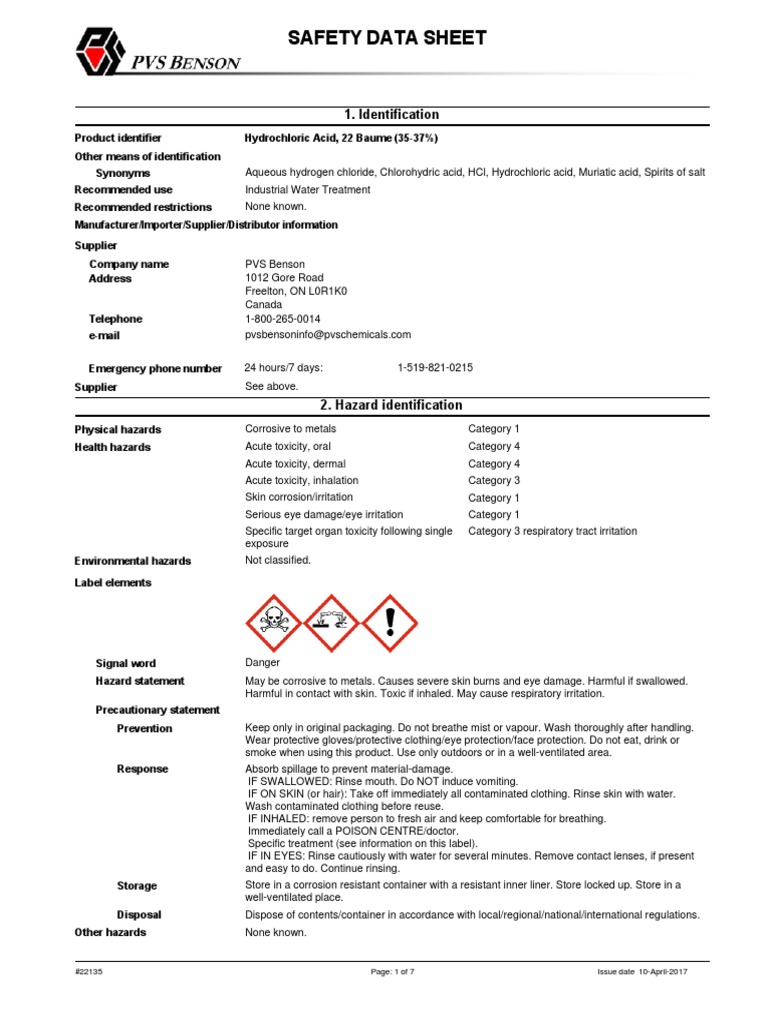 Hydrochloric Acid 22 Baume 35 37 English 2017 | PDF | Toxicity ...