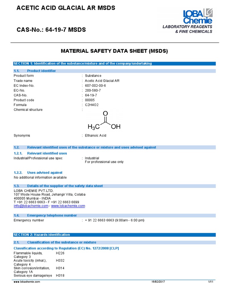 MSDS ACETIC ACID GLACIAL CASNO 64 19 00005 EN - Aspx | PDF | Firefighting | Dangerous Goods