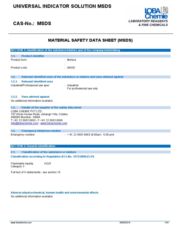 MSDS UNIVERSAL INDICATOR SOLUTION CASNO 06430 EN - Aspx | PDF | Dangerous Goods | Workplace