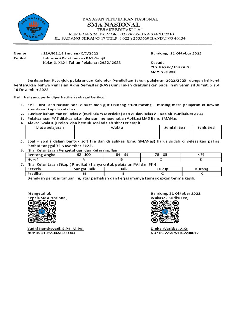 7surat Edaran Guru Pas Ganjil 2022-2023 | PDF