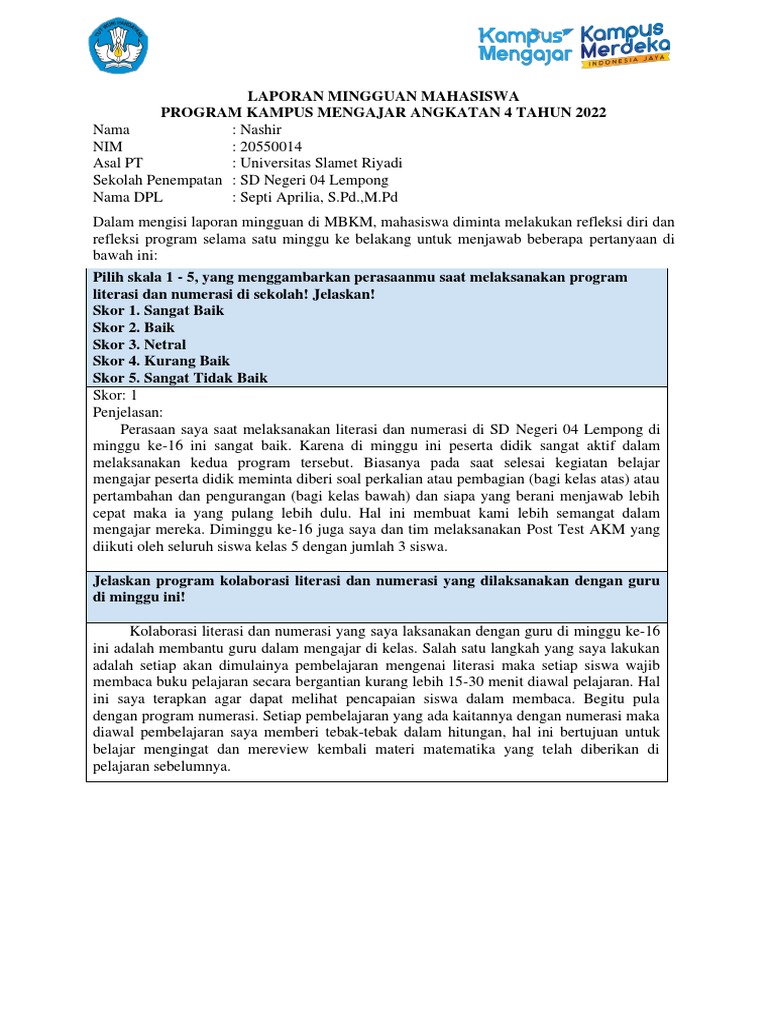 Laporan Minggu 16 Nashir Kampus Mengajar | PDF
