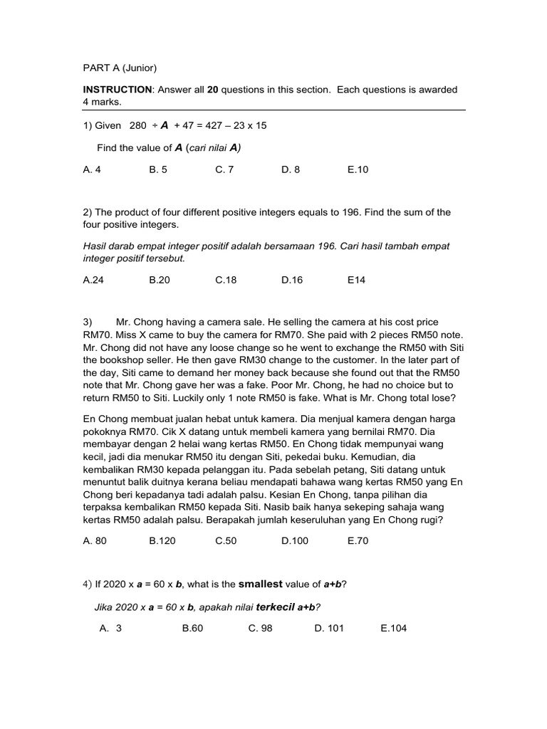 2020 MMC JS | PDF | Elementary Mathematics | Geometric Shapes