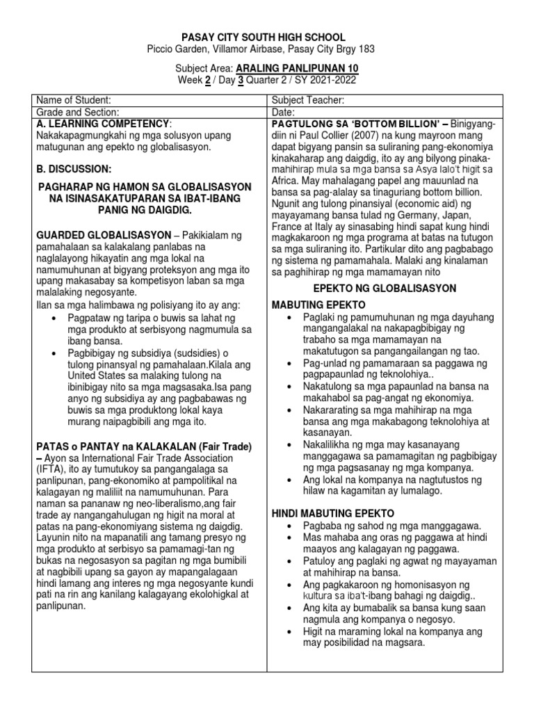 Ap10 PCSHS Q2 Worksheet Week2 Day3 | PDF