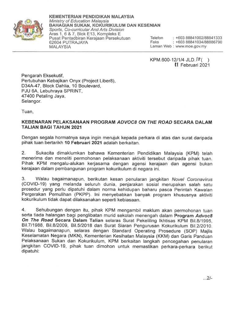 (KPM) Surat Kebenaran Pelaksanaan Program Advoc8 On The Road | PDF