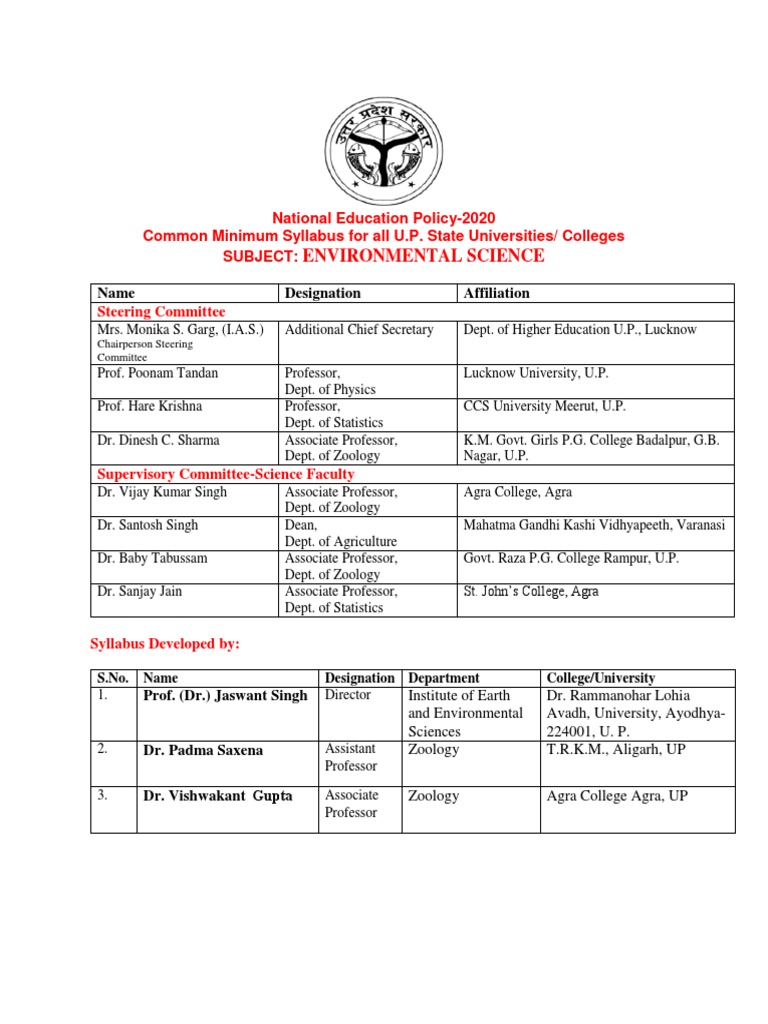UP Environmental Science Syllabus | PDF