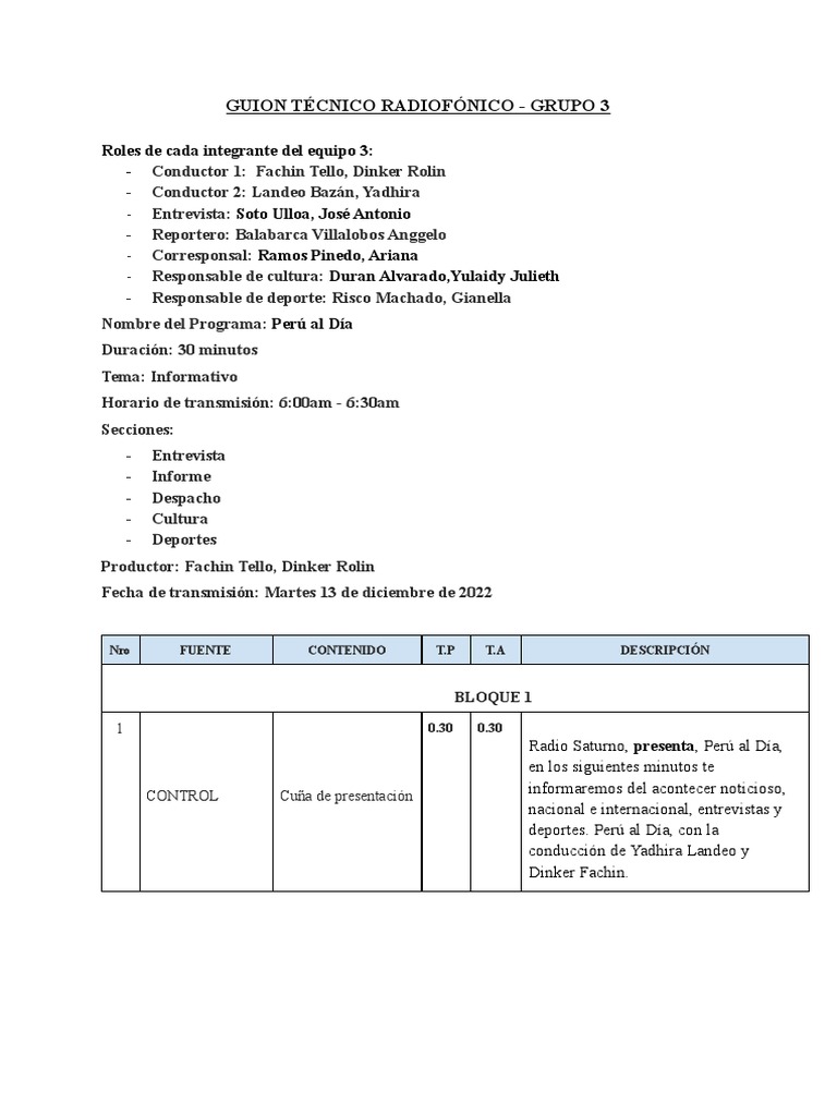 Pauta y Guion Técnico Radiofónico - Grupo 3 | PDF