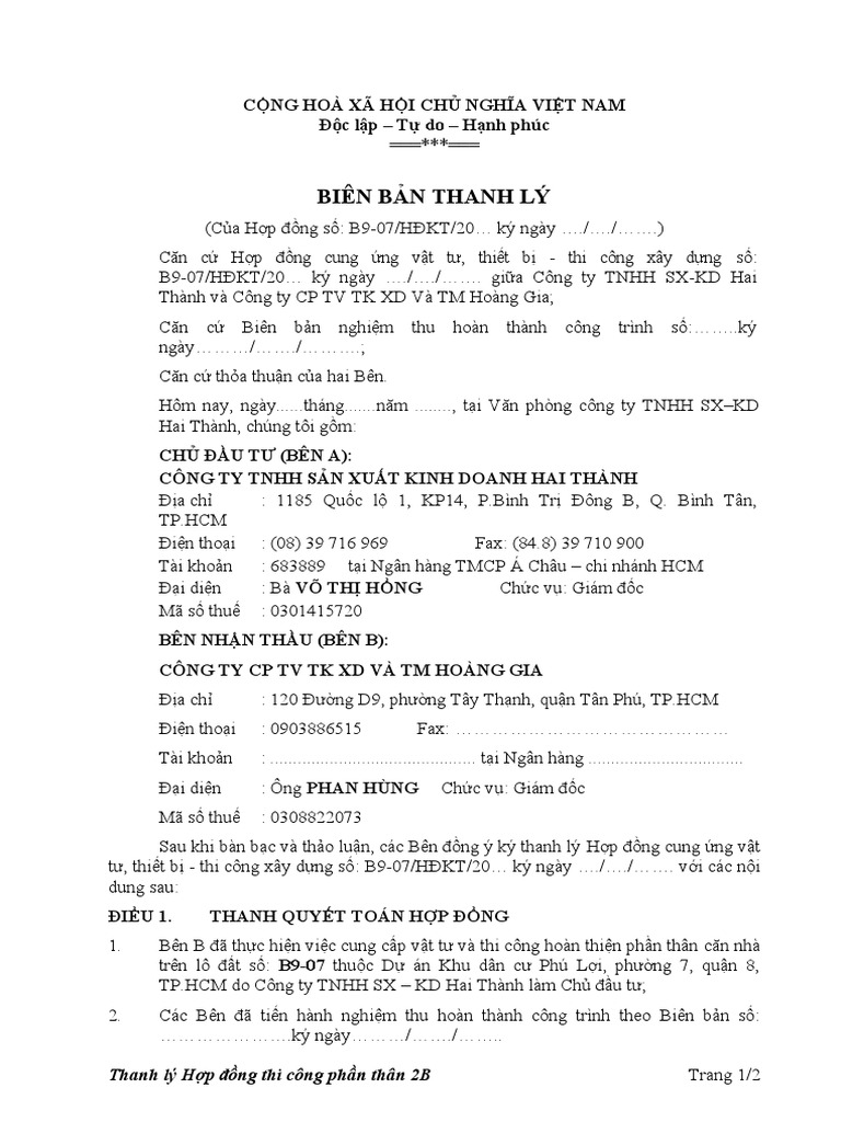 Bien Ban Thanh Ly Hop Dong 2 Ben | PDF