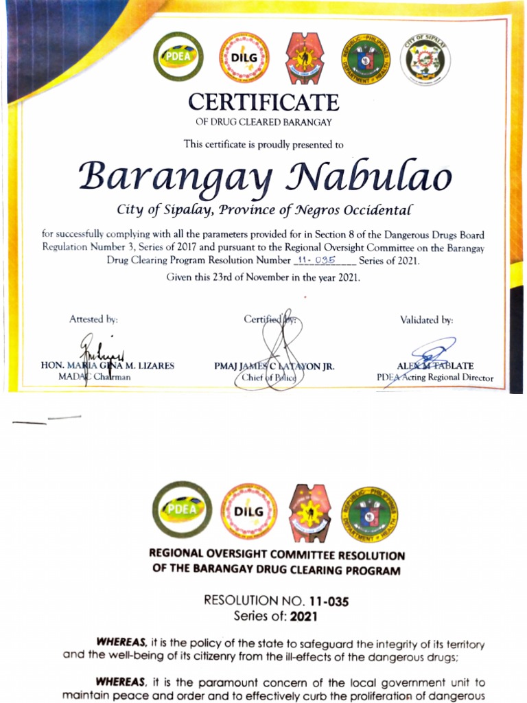 Certificate of Achievement: Barangay Nabulao Declared Drug-Cleared by ...