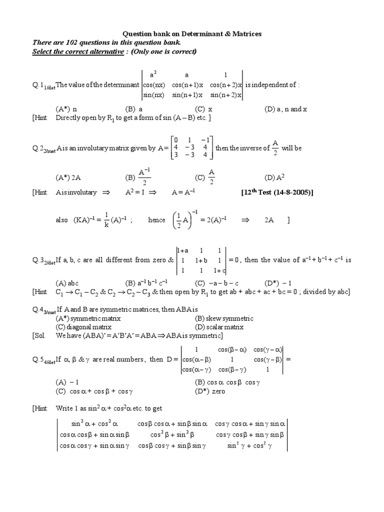 Question Bank on Matrices & Determinants | PDF | Determinant ...
