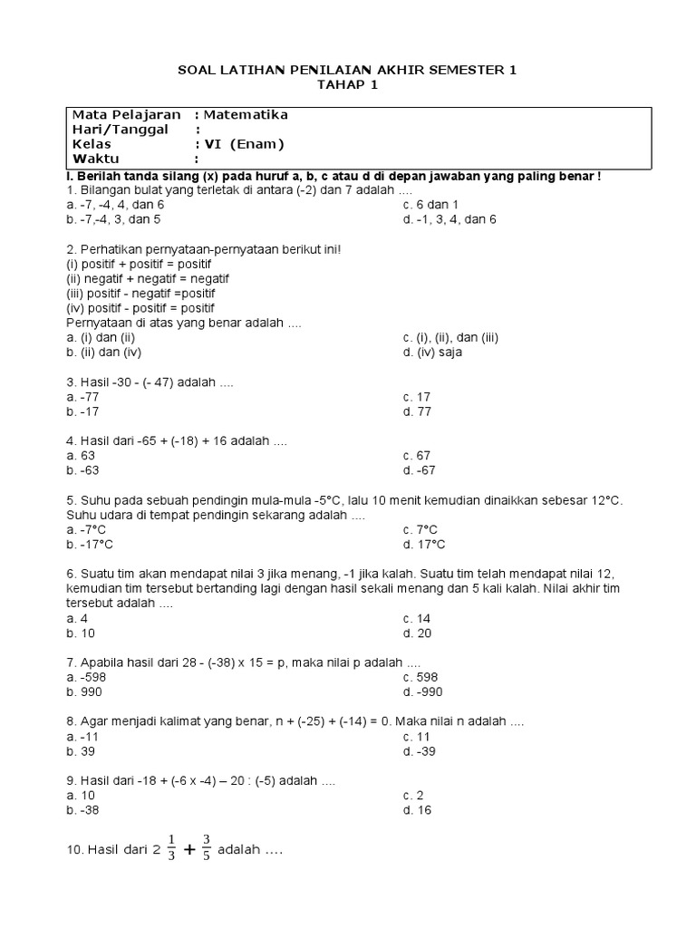 Tahap 1 Soal PAS Matematika Kelas 6 Semester 1 K13 Tahun 2021 | PDF