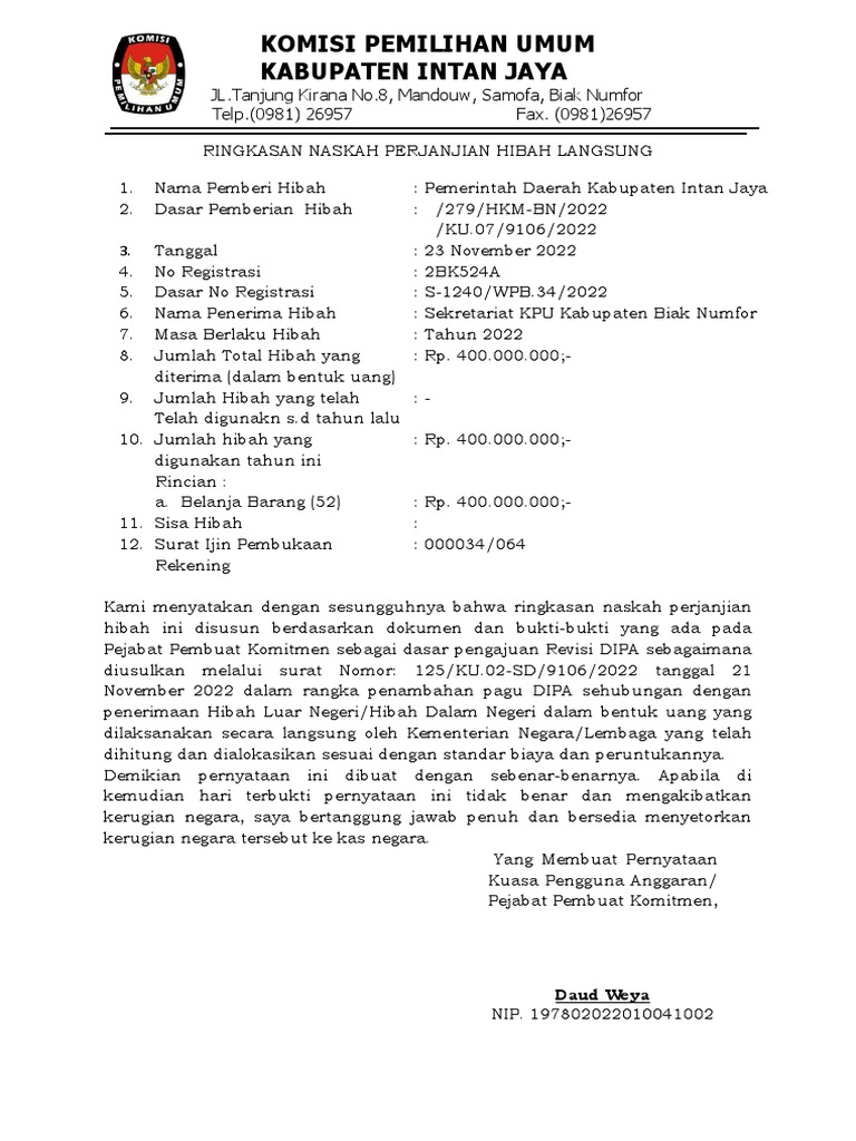 Ringkasan Hibah KPU Intan Jaya | PDF