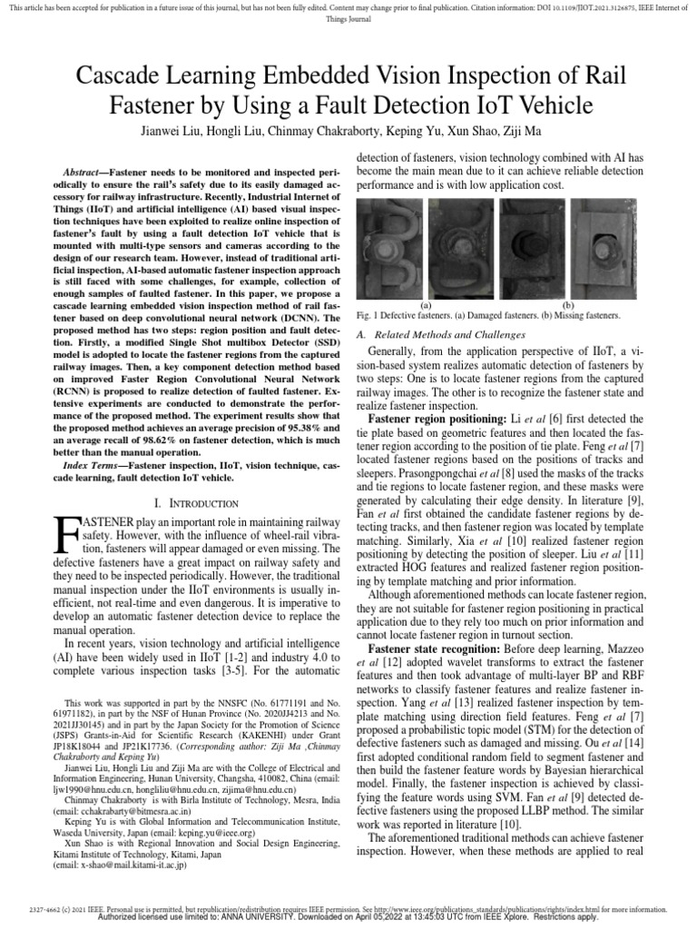 IEEE Journal 2021 Cascade - Learning - Embedded - Vision - Inspection - of - Rail - Fastener ...