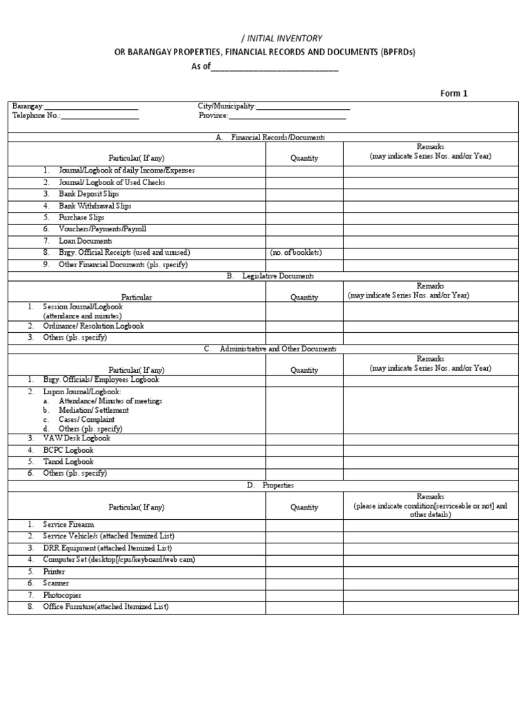 Inventory Form | PDF | Service Industries | Financial Services