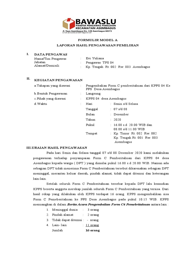 Formulir Model A - Pengembalian Form c6 Tps 04 | PDF