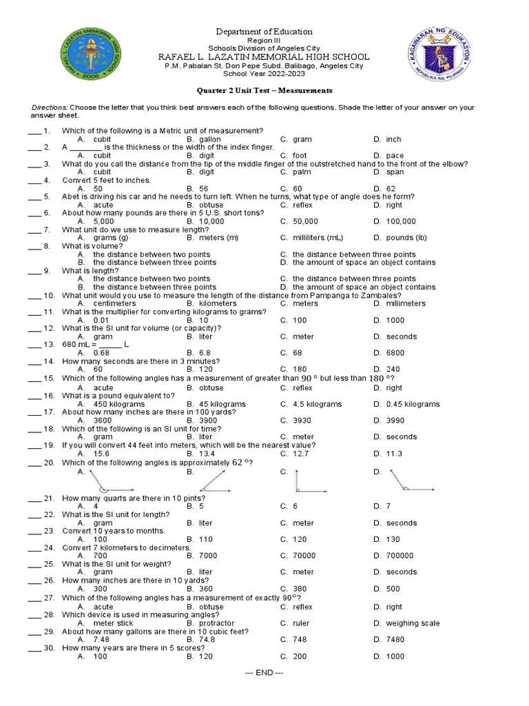 Math 7 Q2 Measurements Long Test | PDF | Litre | Science