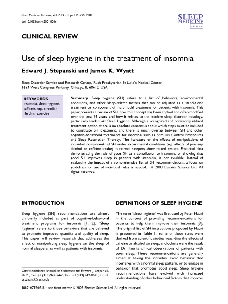 Stepanski2003 Use Of Sleep Hygiene In The Treatment Of Insomnia Pdf