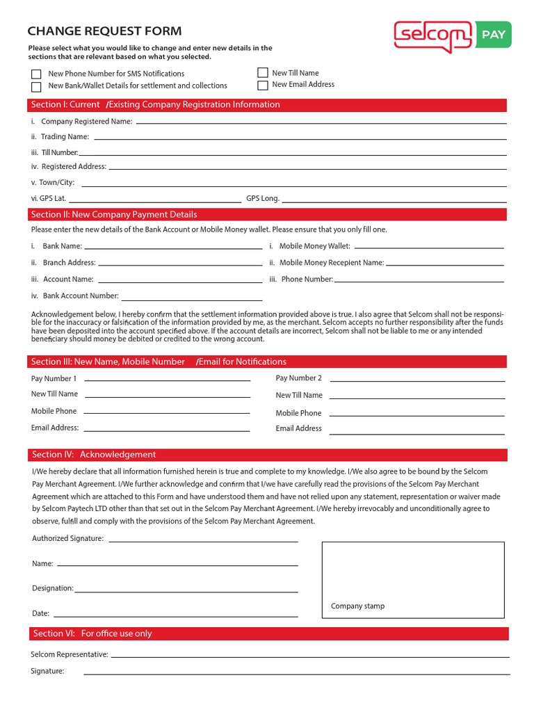 Selcom Pay Change Request Form - Sept 2022 | PDF | Banks | Money