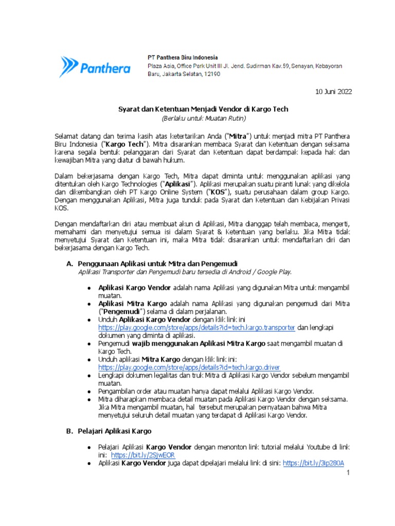 Syarat & Ketentuan Menjadi Vendor Di Kargo Tech - 2022 | PDF